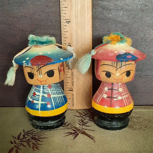 Source Unknown | Accents | Vintage Wooden Oriental Bobbleheads Set ...